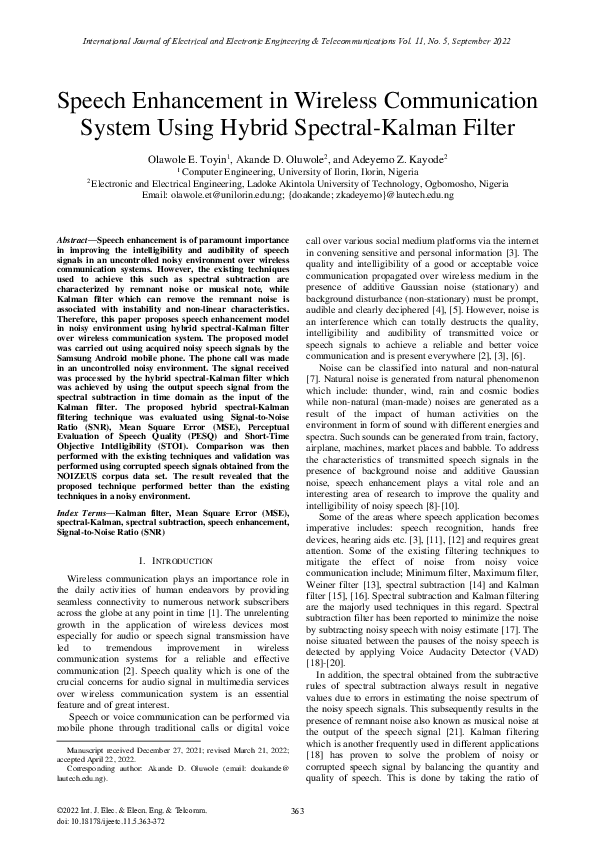 Speech Enhancement In Wireless Communication System Using Hybrid Spectral Kalman Filter
