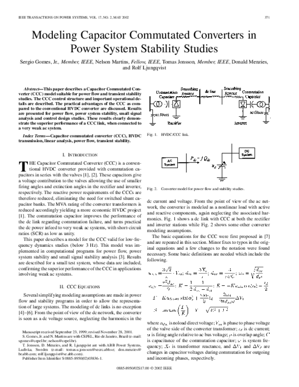 Pdf Modeling Capacitor Commutated Converters In Power System