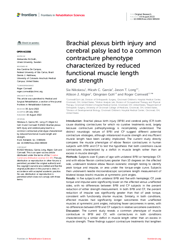 (PDF) Brachial plexus birth injury and cerebral palsy lead to a common ...