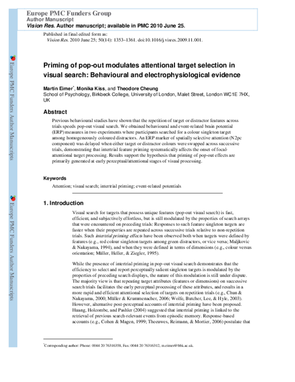 (PDF) Priming of pop-out modulates attentional target selection in ...