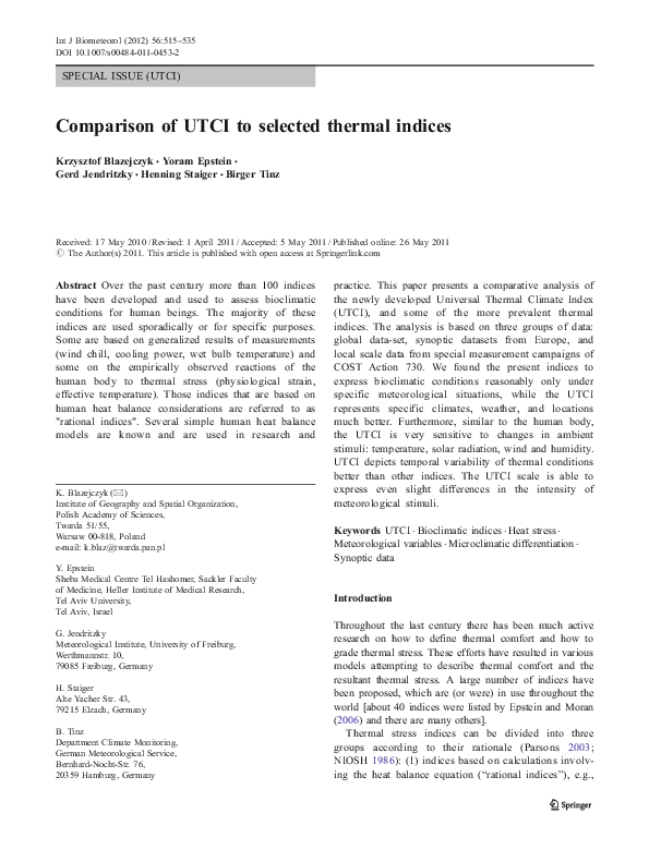 (PDF) Comparison of UTCI to selected thermal indices