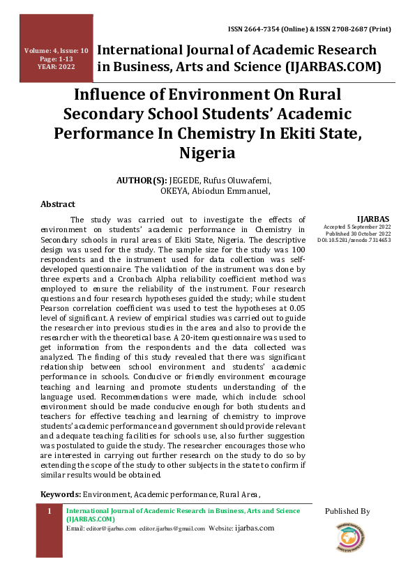 (PDF) Influence of Environment On Rural Secondary School Students' Academic Performance In ...