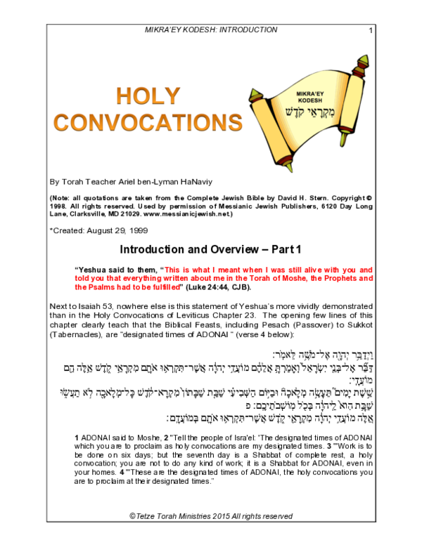 (PDF) Chaggim (Holy Convocations): Introduction and Overview Part 1 and 2