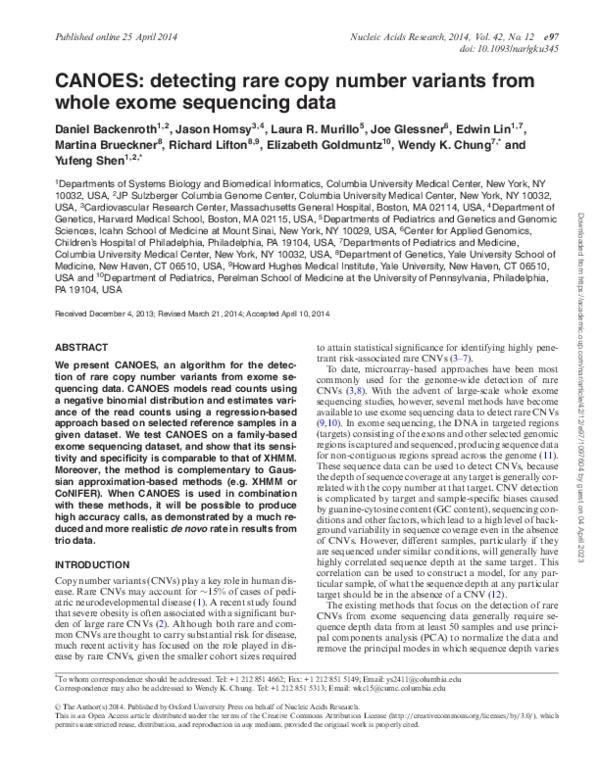 Pdf Canoes Detecting Rare Copy Number Variants From Whole Exome