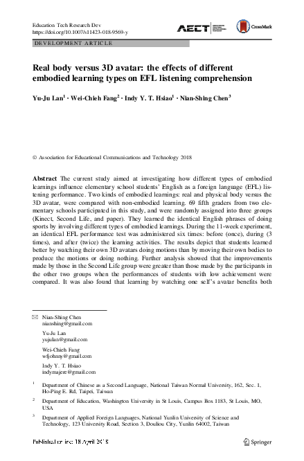 (PDF) Real body versus 3D avatar: the effects of different embodied ...