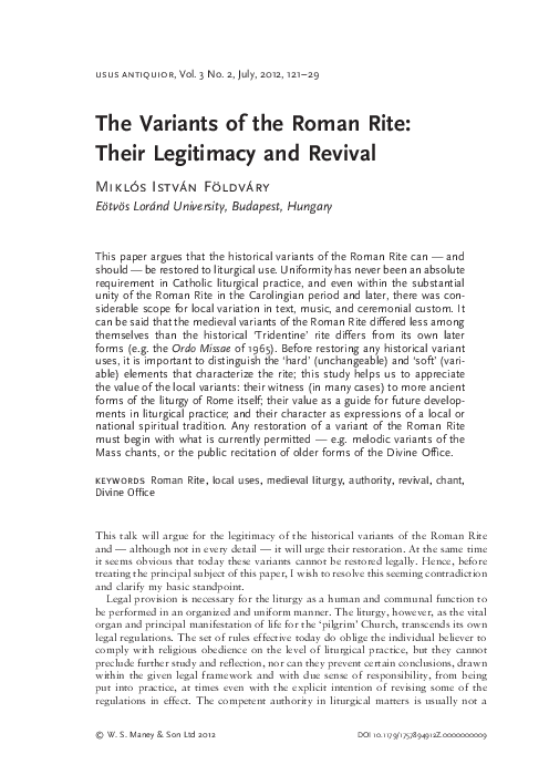 (PDF) The Variants of the Roman Rite: Their Legitimacy and Revival