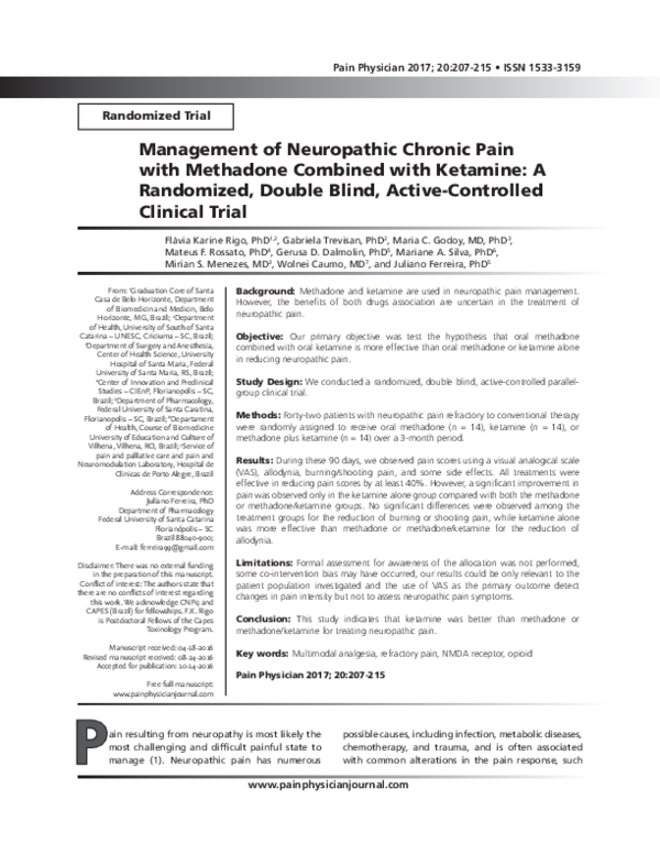 (PDF) Management of Neuropathic Chronic Pain with Methadone Combined with Ketamine: A Randomized ...