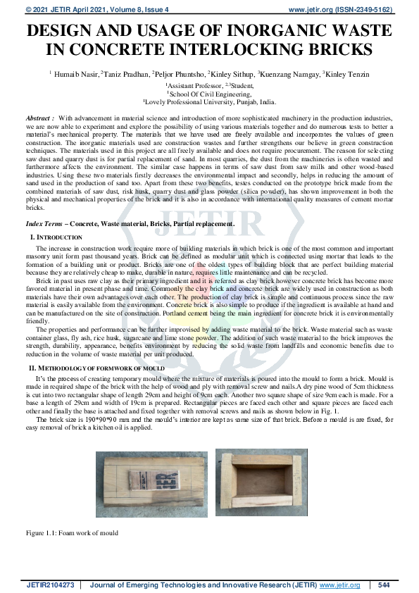 (PDF) Design and Usage of Inorganic Waste in Concrete Interlocking Bricks