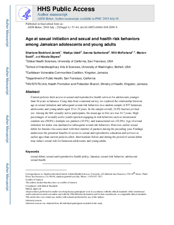 Pdf Age At Sexual Initiation And Sexual And Health Risk Behaviors 8923