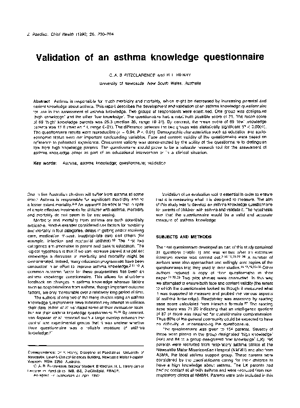 (PDF) Validation of an asthma knowledge questionnaire