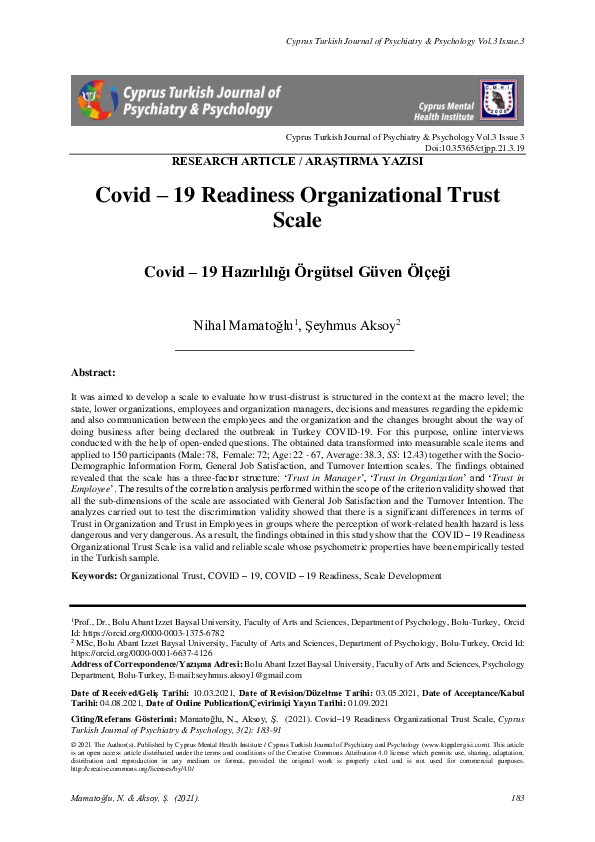 (PDF) Covid – 19 Readiness Organizational Trust Scale | Nihal Mamatoğlu ...
