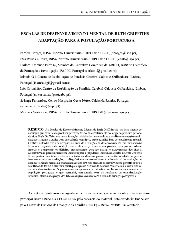 (PDF) Escala de desenvolvimento mental de Ruth Griffiths - Adaptação ...