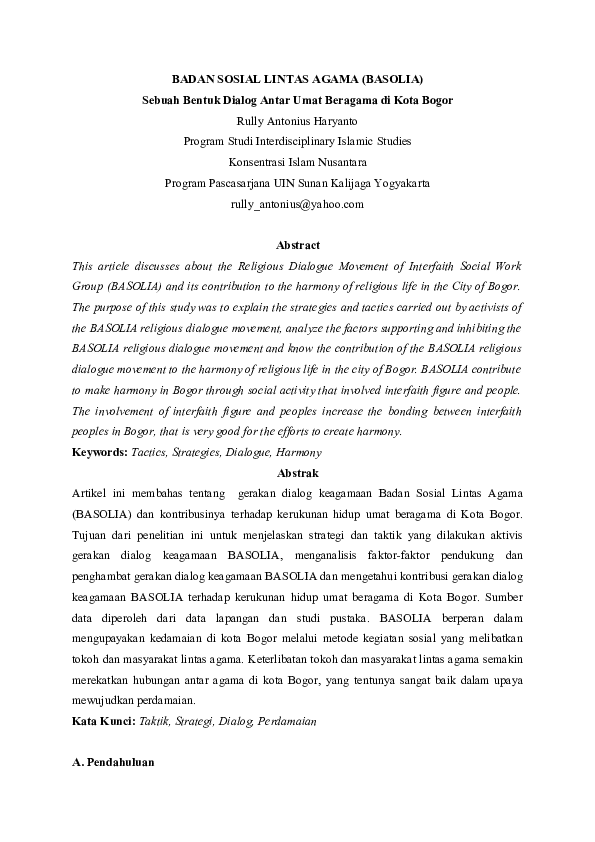 (DOC) Badan Sosial Lintas Agama (BASOLIA) Sebentuk Dialog Antar Umat ...