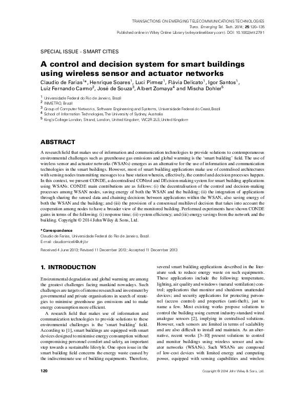 (PDF) A control and decision system for smart buildings using wireless sensor and actuator networks
