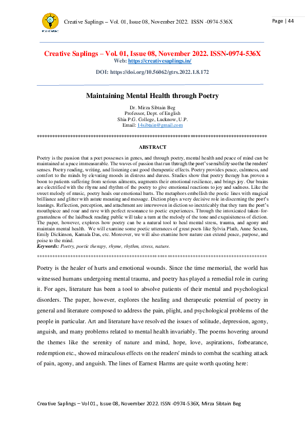 (PDF) Maintaining Mental Health through Poetry