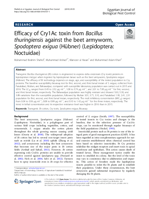(PDF) Efficacy of Cry1Ac toxin from Bacillus thuringiensis against the ...