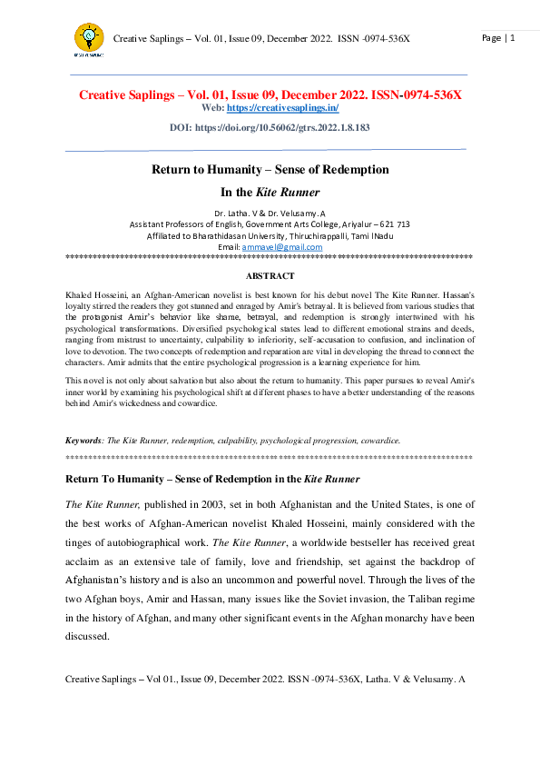 (PDF) Return to Humanity -Sense of Redemption In the Kite Runner