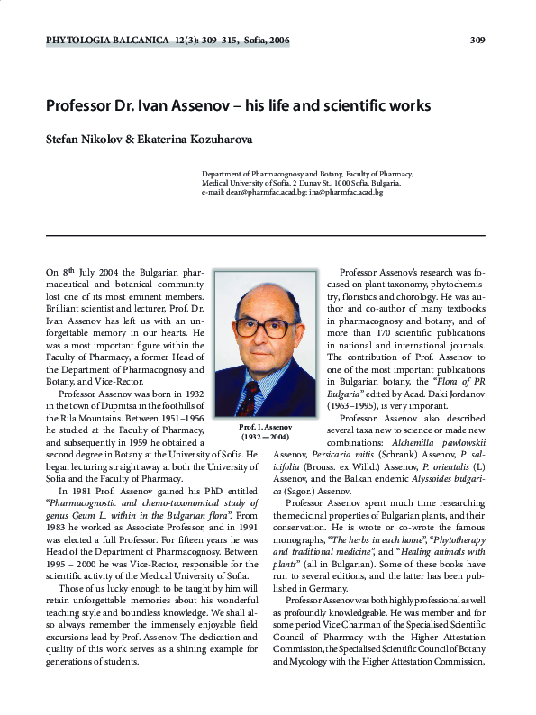 (PDF) Professor Dr. Ivan Assenov-his life and scientific works
