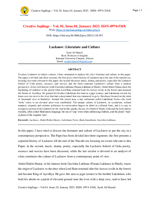 (PDF) Lucknow: Literature and Culture