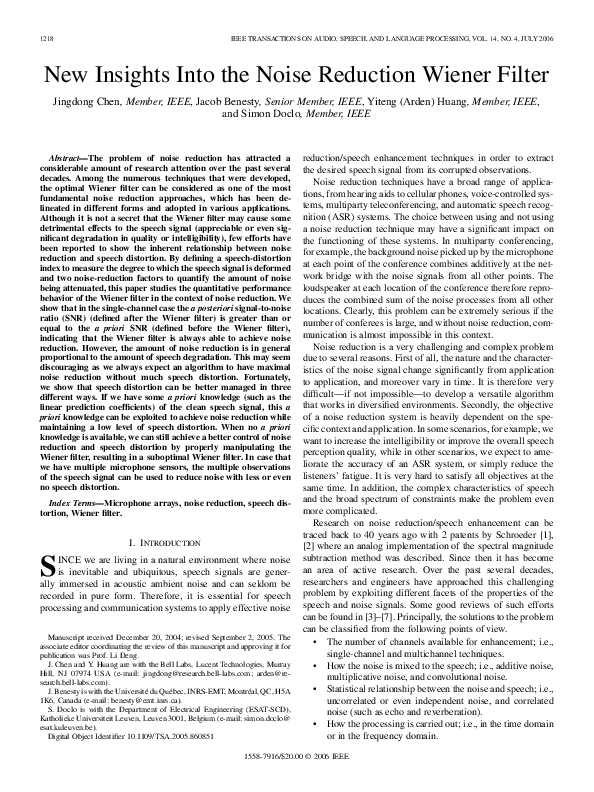 (PDF) New insights into the noise reduction Wiener filter