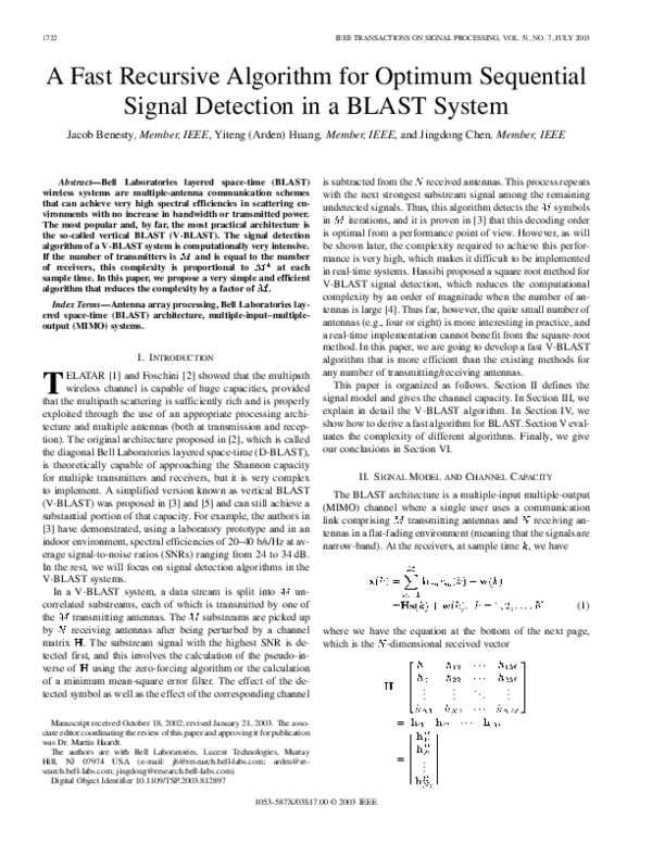 (PDF) A fast recursive algorithm for optimum sequential signal detection in a BLAST system