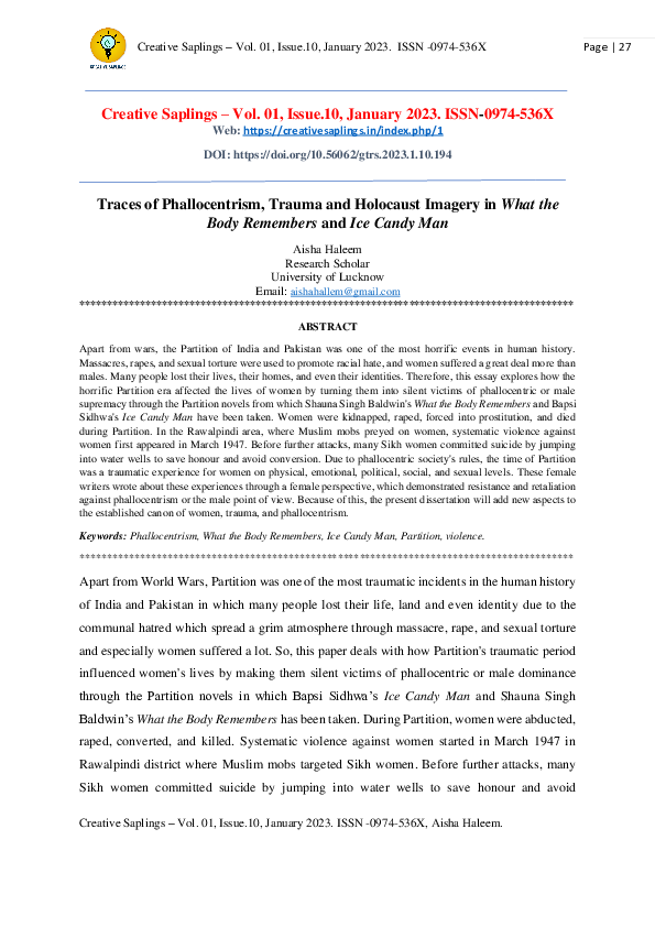 (PDF) Traces of Phallocentrism, Trauma and Holocaust Imagery in What ...