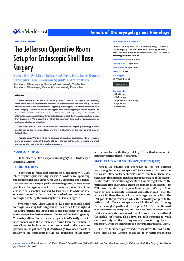 (PDF) The Jefferson Operative Room Setup for Endoscopic Skull Base Surgery