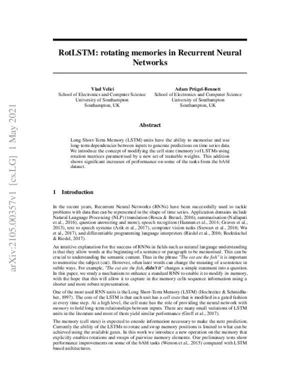 Pdf Rotlstm Rotating Memories In Recurrent Neural Networks