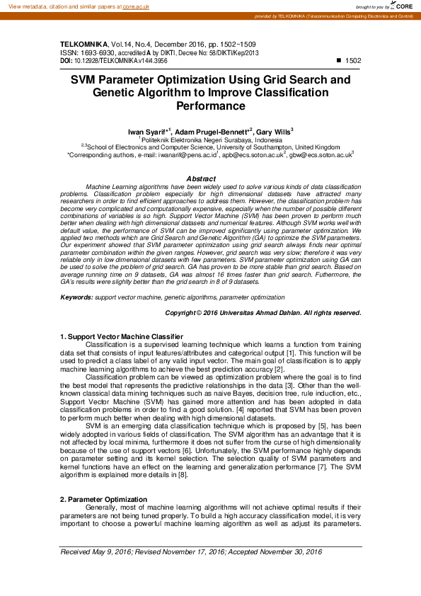 Pdf Svm Parameter Optimization Using Grid Search And Genetic Algorithm To Improve