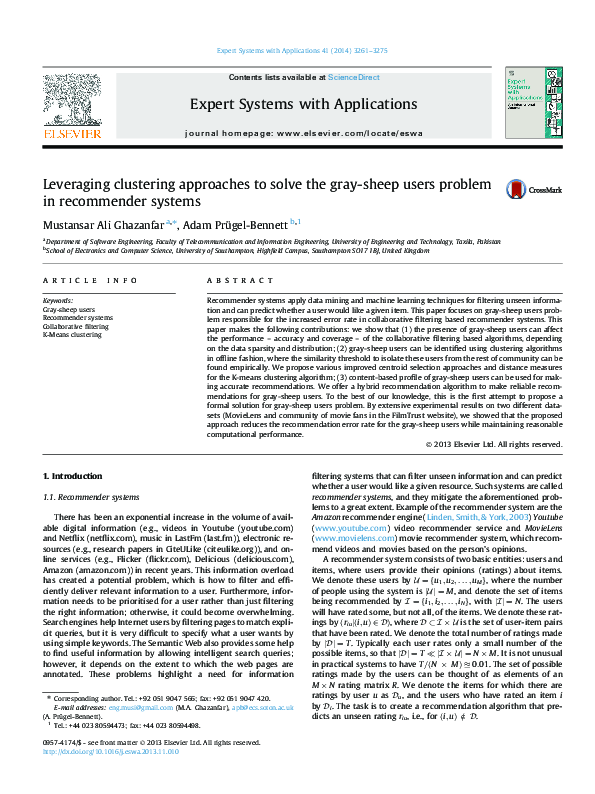 (PDF) Leveraging clustering approaches to solve the gray-sheep users problem in recommender systems