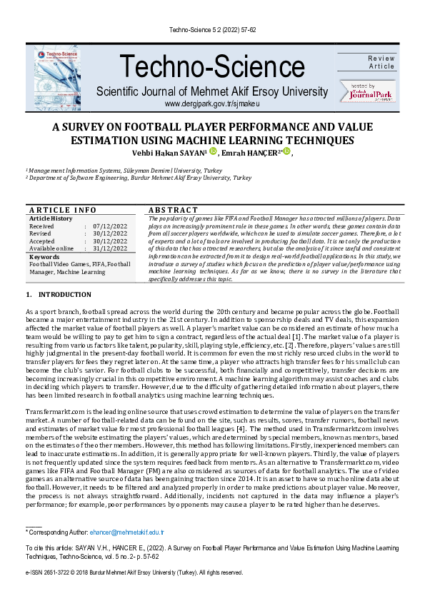 (PDF) A Survey on Football Player Performance and Value Estimation Using Machine Learning Techniques