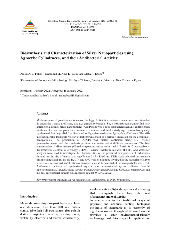 (PDF) Biosynthesis and characterization of silver nanoparticles using Agrocybe cylindracea, and ...