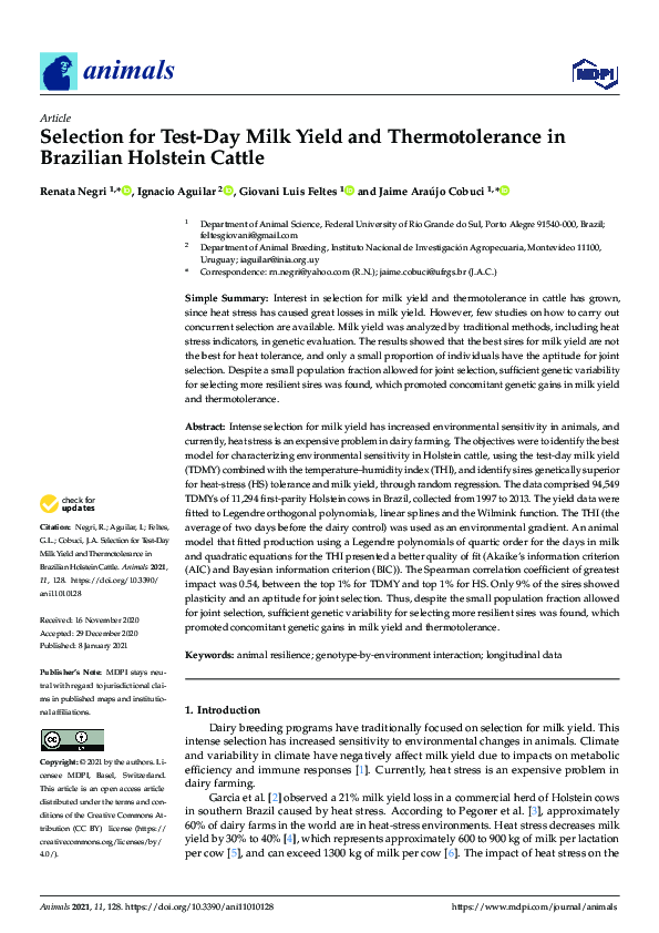 (PDF) Selection for Test-Day Milk Yield and Thermotolerance in ...