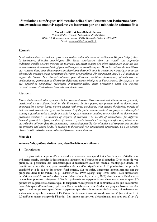 (PDF) Simulations numériques tridimensionnelles d'écoulements non-isothermes dans une extrudeuse ...
