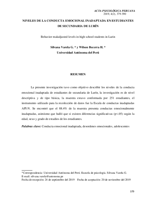 (PDF) Niveles De La Conducta Emocional Inadaptada en Estudiantes De ...