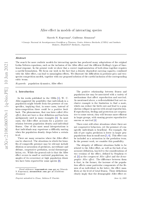Pdf Allee Effect In Models Of Interacting Species Guillermo