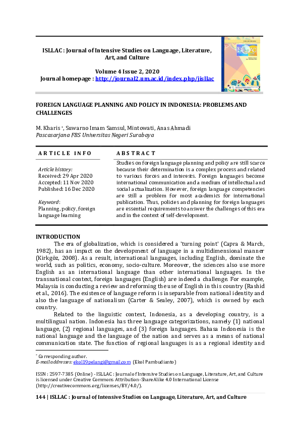 (PDF) Foreign Language Planning and Policy in Indonesia: Problems and ...