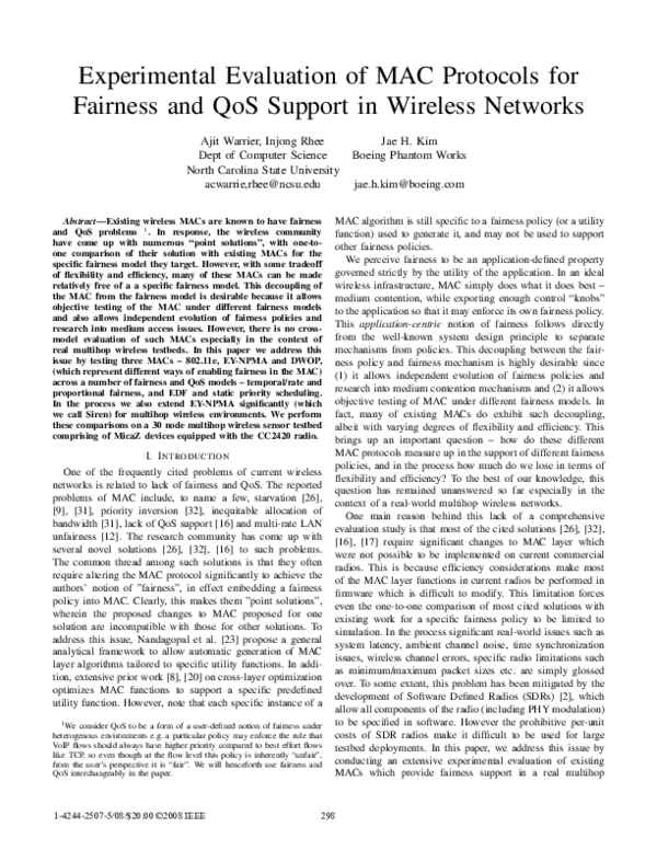 Pdf Experimental Evaluation Of Mac Protocols For Fairness And Qos
