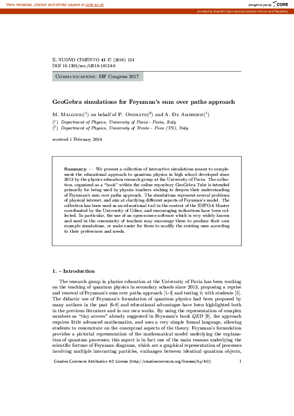 (PDF) GeoGebra simulations for Feynman’s sum over paths approach