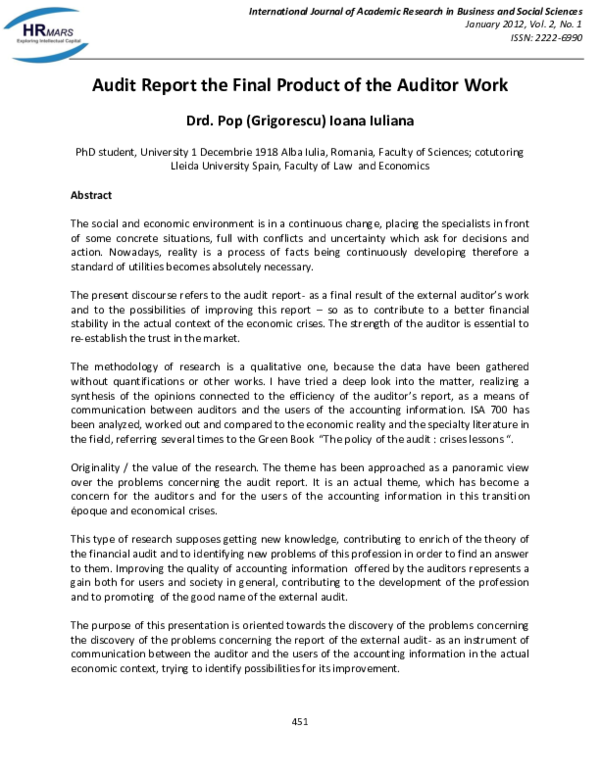 (PDF) Audit Report the Final Product of the Auditor Work