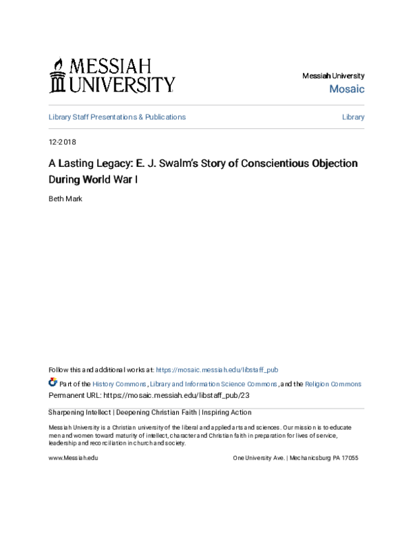 (PDF) A Lasting Legacy: E. J. Swalm’s Story of Conscientious Objection ...