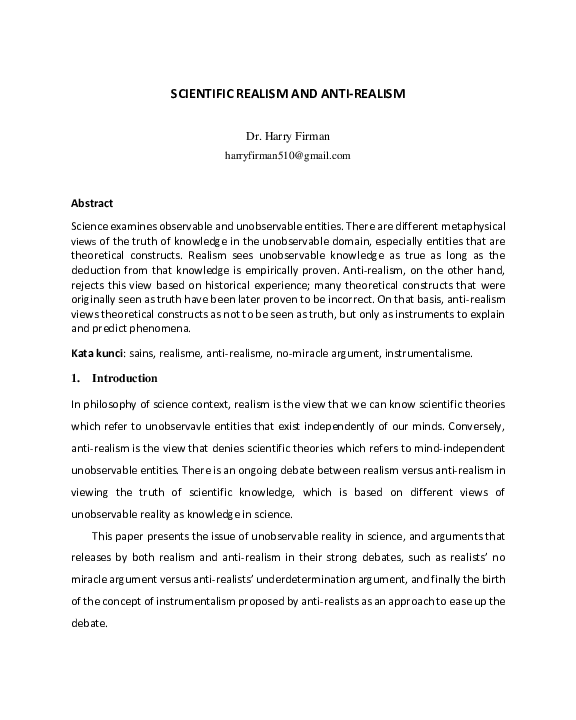 (PDF) SCIENTIFIC REALISM AND ANTI-REALISM
