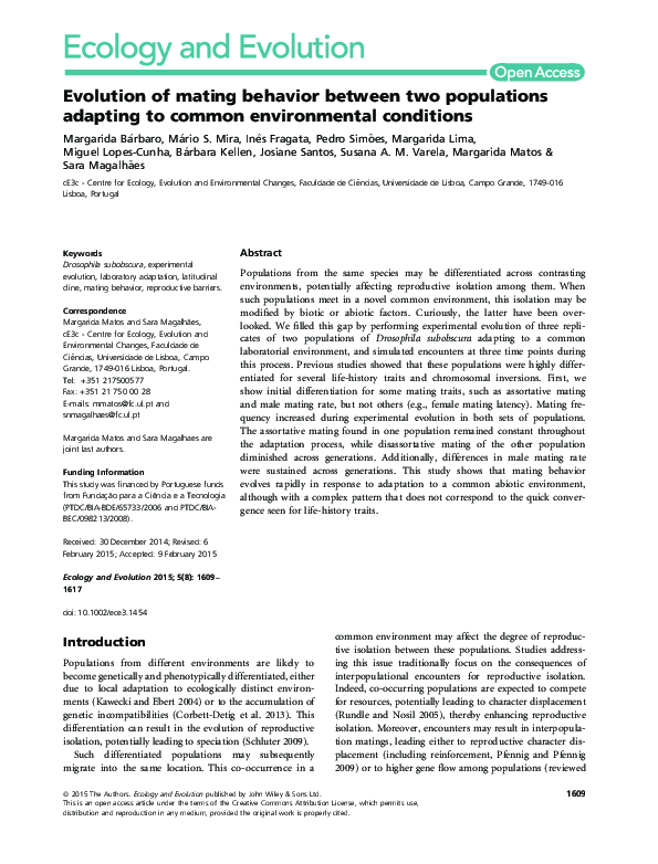 (PDF) Evolution of mating behavior between two populations adapting to ...