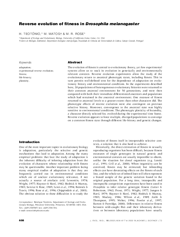 (PDF) Reverse evolution of fitness inDrosophila melanogaster