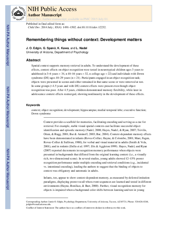 (PDF) Remembering Things Without Context: Development Matters