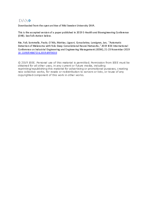 Pdf Automatic Detection Of Melanoma With Yolo Deep Convolutional Neural Networks Consolatina