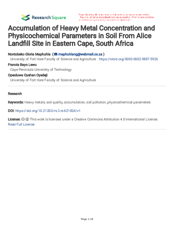 (PDF) Accumulation of Heavy Metal Concentration and Physicochemical ...