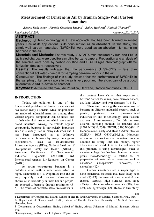 (PDF) Measurement of Benzene in Air by Iranian Single-Wall Carbon Nanotubes