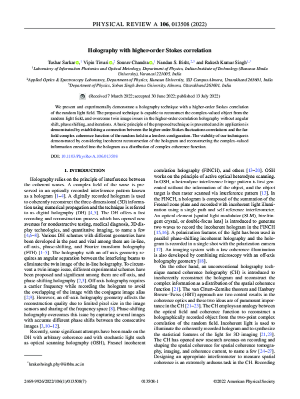 Pdf Holography With Higher Order Stokes Correlation