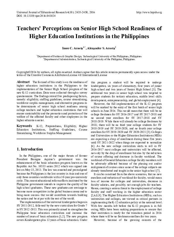 (PDF) Teacher Perspectives on Higher Education Readiness in PH K-12